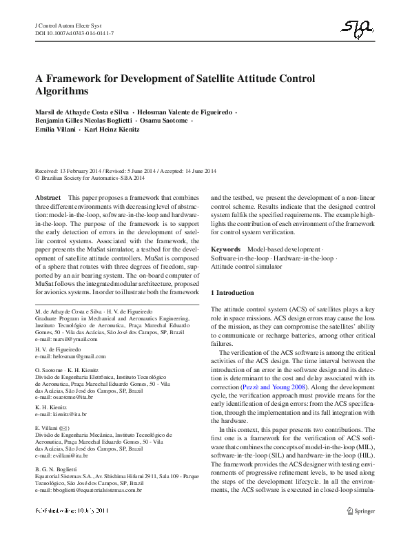 Pdf A Framework For Development Of Satellite Attitude Control Algorithms