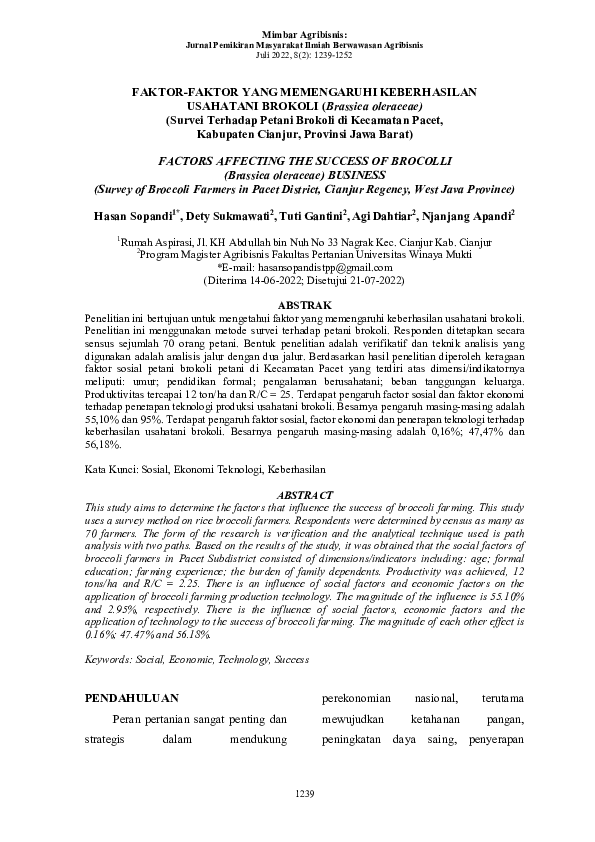 (PDF) FAKTOR-FAKTOR YANG MEMPENGARUHI KEBERHASILAN USAHATANI BROKOLI (Brassica oleraceae ...