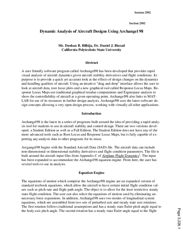 (PDF) Dynamic Analysis Of Aircraft Designs Using Archangel 98