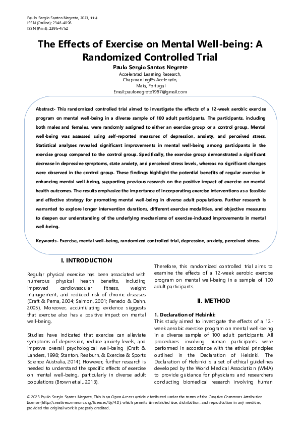(PDF) The Effects of Exercise on Mental Well-being: A Randomized Controlled Trial