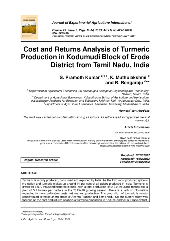(PDF) Cost and Returns Analysis of Turmeric Production in Kodumudi ...