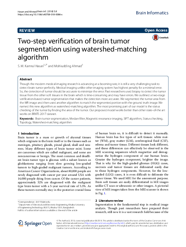 Pdf Two Step Verification Of Brain Tumor Segmentation Using Watershed Matching Algorithm