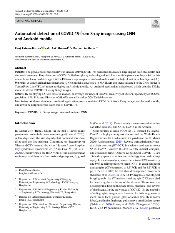 (PDF) Automated detection of COVID-19 from X-ray images using CNN and Android mobile | Dr ...