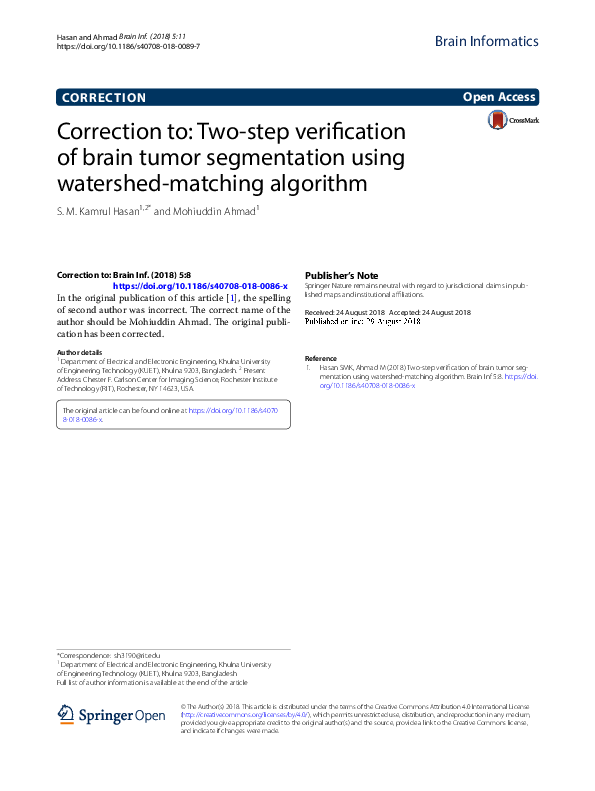 Pdf Correction To Two Step Verification Of Brain Tumor Segmentation Using Watershed Matching