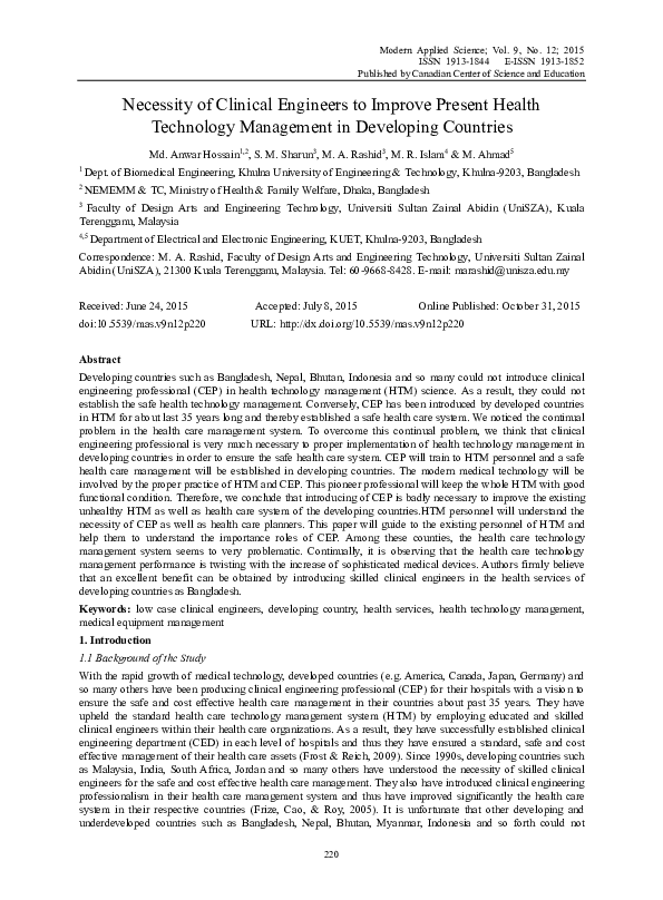 (PDF) Necessity of Clinical Engineers to Improve Present Health Technology Management in ...