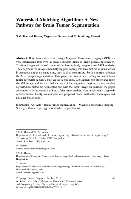 Pdf Watershed Matching Algorithm A New Pathway For Brain Tumor Segmentation Dr Mohiuddin