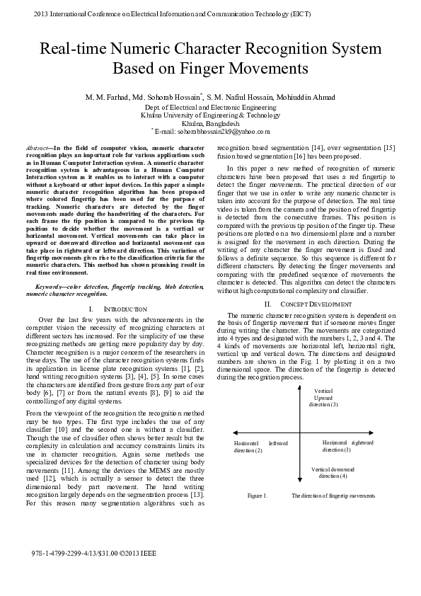 Pdf Real Time Numeric Character Recognition System Based On Finger
