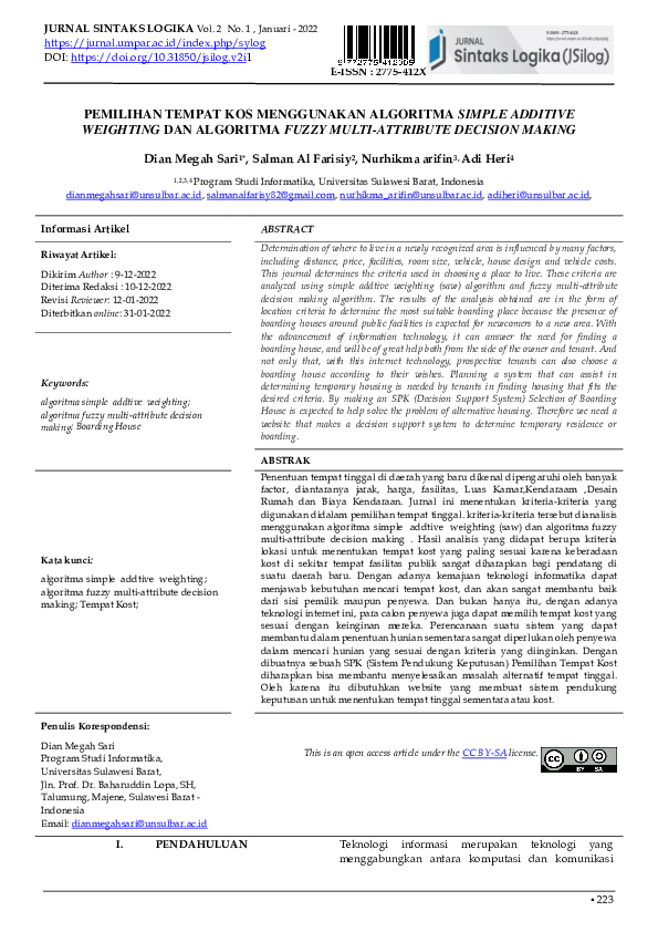 Pdf Pemilihan Tempat Kos Menggunakan Algoritma Simple Additive Weighting Dan Algoritma Fuzzy