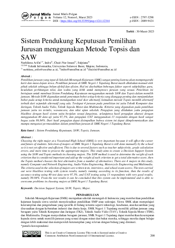 (PDF) Sistem Pendukung Keputusan Pemilihan Jurusan menggunakan Metode Topsis dan SAW