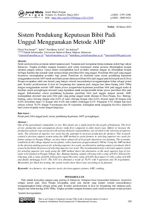 (PDF) Sistem Pendukung Keputusan Pemilihan Bibit Padi Unggul Menggunakan Metode AHP | NURHIKMA ...