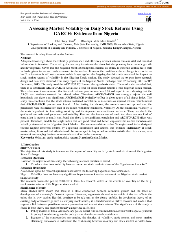 (PDF) Assessing Market Volatility on Daily Stock Returns Using GARCH - Evidence from Nigeria ...