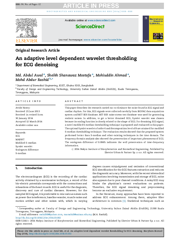 (PDF) An adaptive level dependent wavelet thresholding for ECG denoising