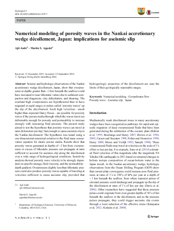 (PDF) Numerical modeling of porosity waves in the Nankai accretionary wedge décollement, Japan ...