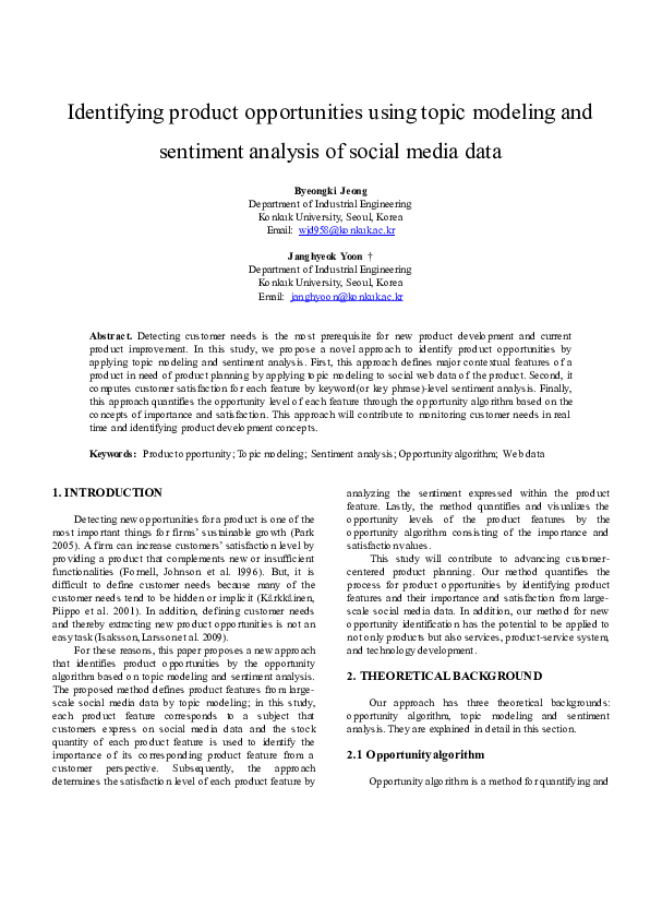 (PDF) Identifying product opportunities using topic modeling and sentiment analysis of social ...