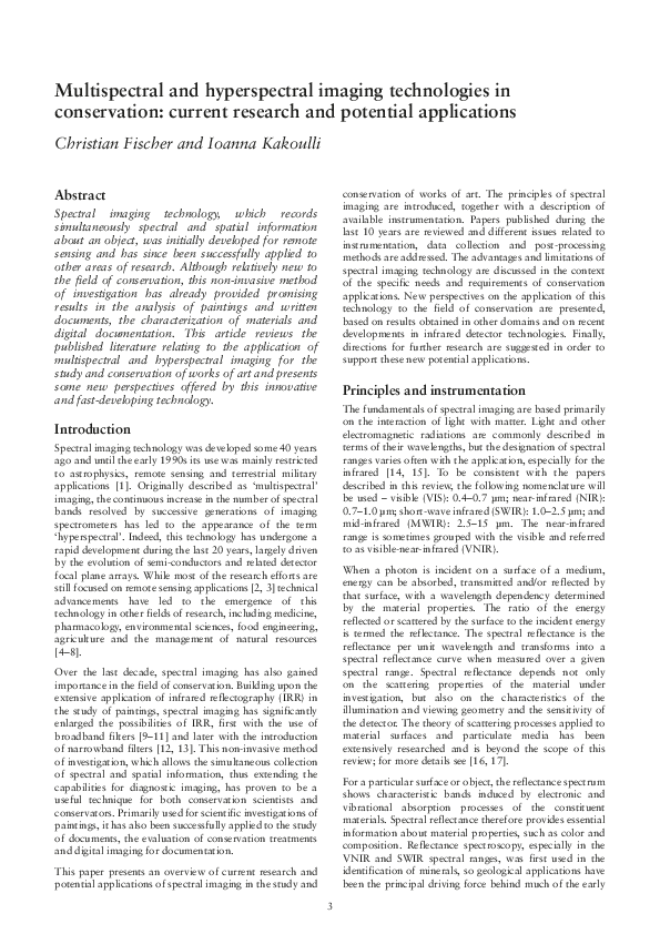 Pdf Multispectral And Hyperspectral Imaging Technologies In Conservation Current Research And