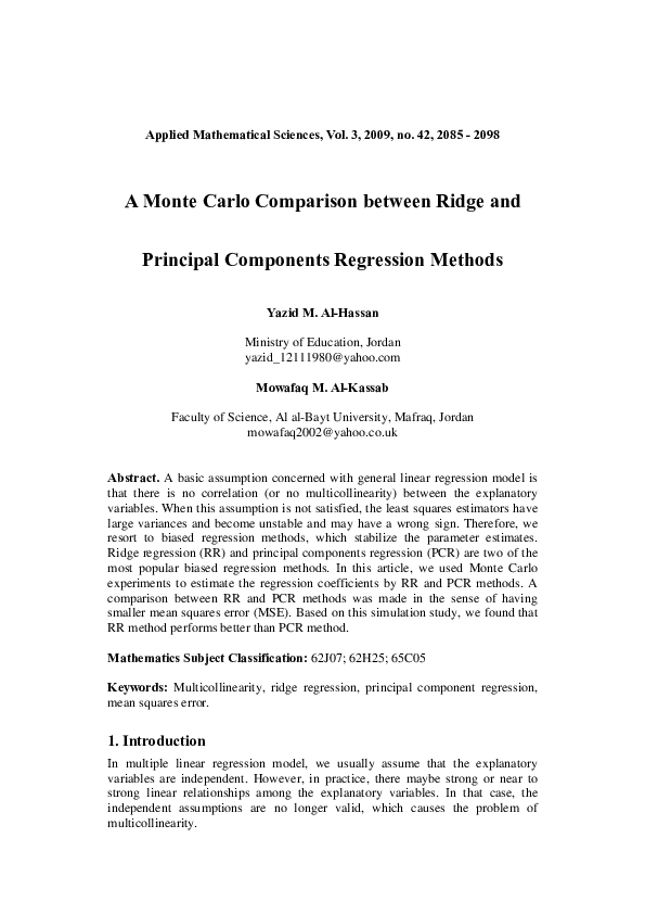 Pdf Principal Components Regression Methods