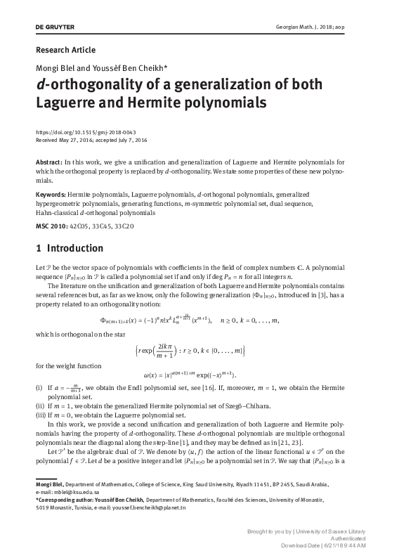 (PDF) d-orthogonality of a generalization of both Laguerre and Hermite polynomials