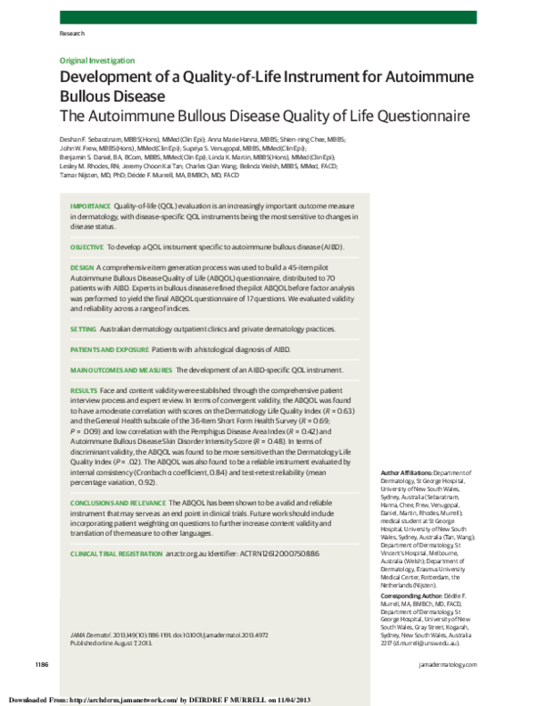 (PDF) Development of a Quality-of-Life Instrument for Autoimmune Bullous Disease The Autoimmune ...
