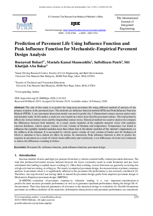 (PDF) Prediction of Pavement Life Using Influence Function and Peak Influence Function for ...