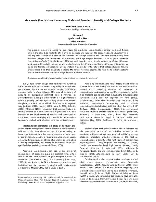 (PDF) Academic Procrastination among Male and Female University and College Students