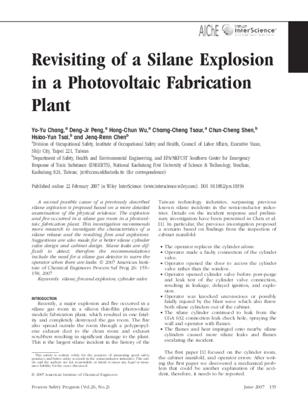 (PDF) Revisiting of a silane explosion in a photovoltaic fabrication plant