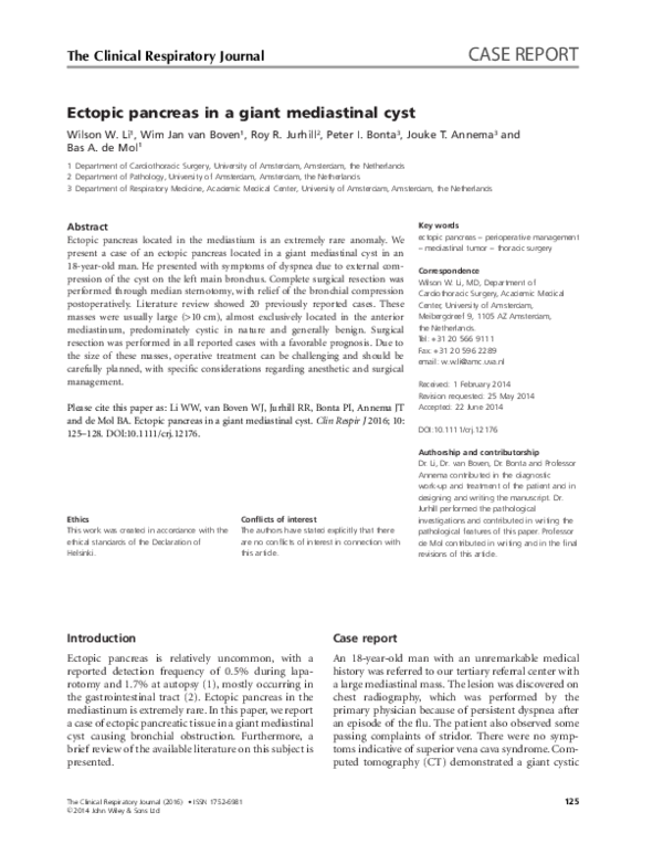 (PDF) Ectopic pancreas in a giant mediastinal cyst
