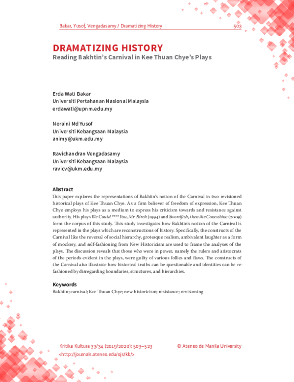 (PDF) Dramatizing History: Reading Bakhtin’s Carnival in Kee Thuan Chye ...