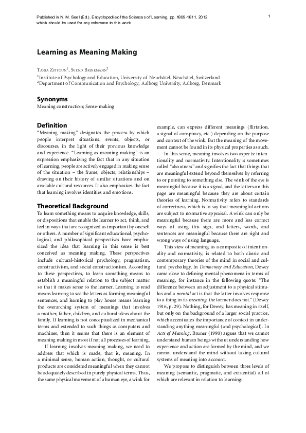 (PDF) Learning as Meaning Making