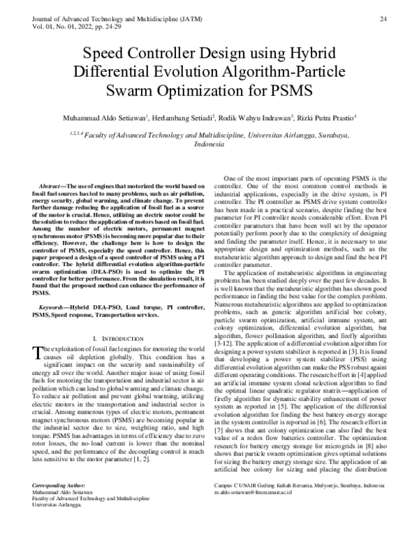 Pdf Speed Controller Design Using Hybrid Differential Evolution Algorithm Particle Swarm 5292