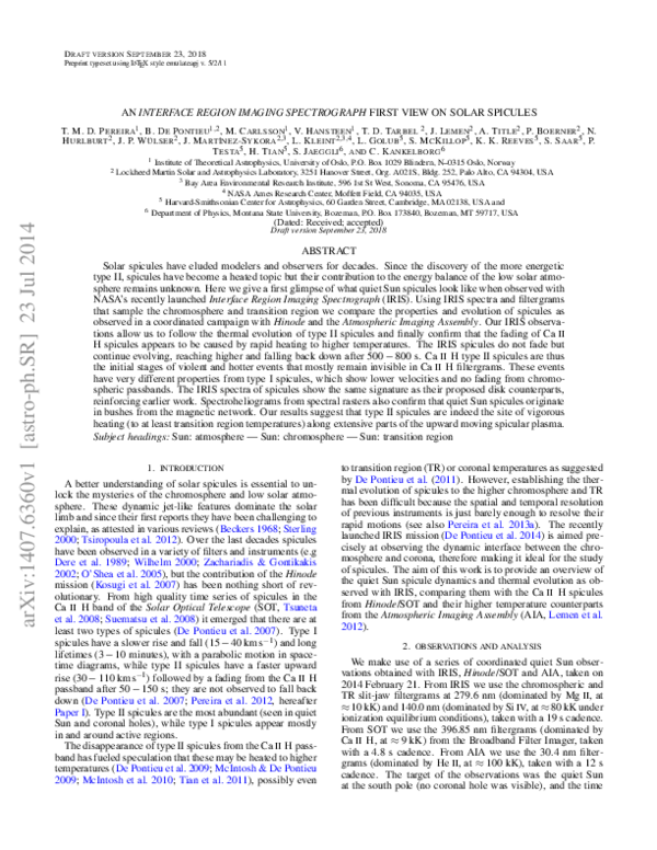 (PDF) An Interface Region Imaging Spectrograph First View on Solar Spicules | Steven Saar ...