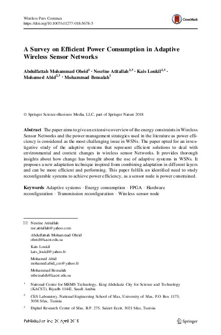 (PDF) A Survey on Efficient Power Consumption in Adaptive Wireless Sensor Networks