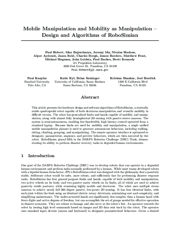 (PDF) Mobile Manipulation and Mobility as Manipulation-Design and ...