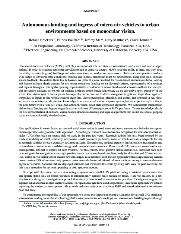 (PDF) Autonomous landing and ingress of micro-air-vehicles in urban environments based on ...