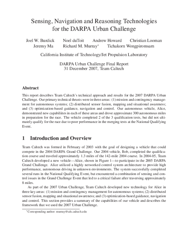 (PDF) Sensing, Navigation and Reasoning Technologies for the DARPA Urban Challenge