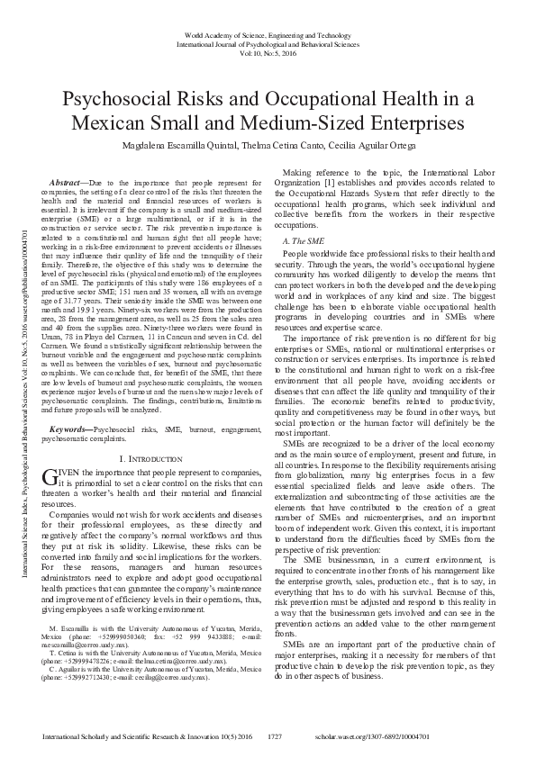 (PDF) Psychosocial Risks And Occupational Health In A Mexican Small And ...