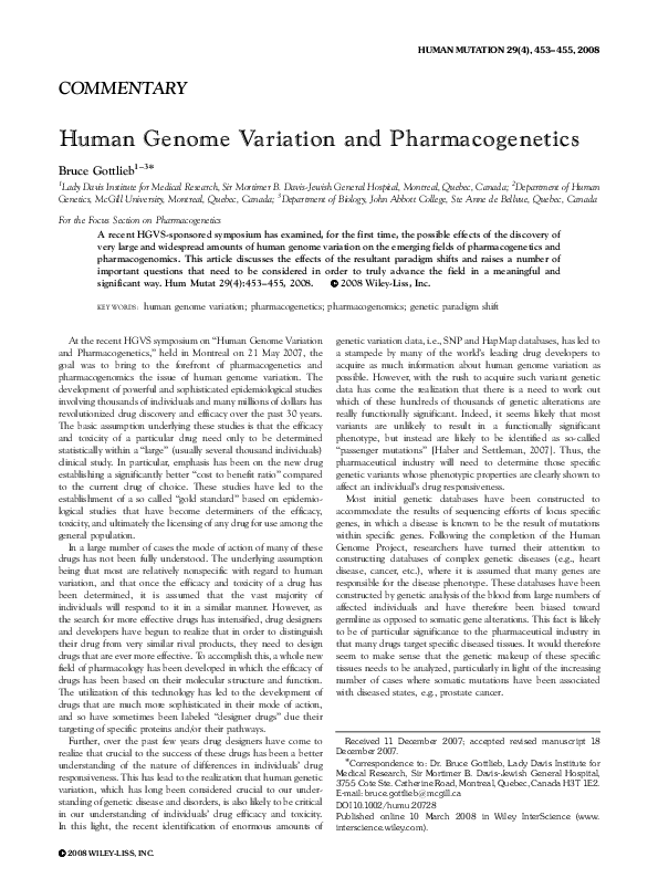 (PDF) Human genome variation and pharmacogenetics | Bruce Gottlieb - Academia.edu