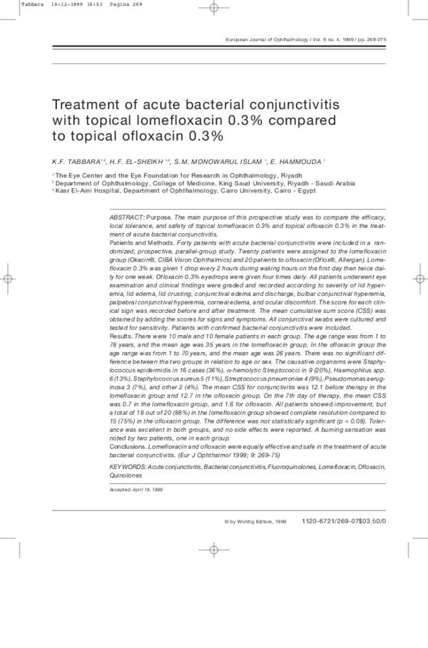 (PDF) Treatment of acute bacterial conjunctivitis with topical lomefloxacin 0.3% compared to ...