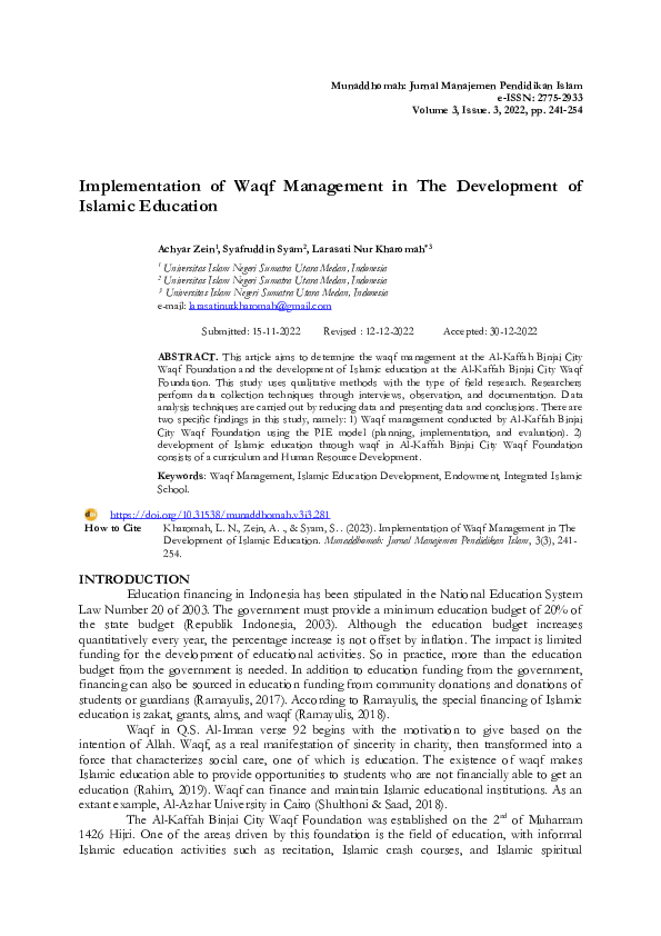 (PDF) Implementation of Waqf Management in The Development of Islamic Education
