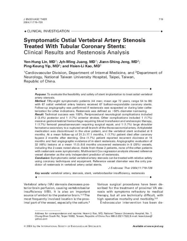 (PDF) Symptomatic Ostial Vertebral Artery Stenosis Treated With Tubular ...
