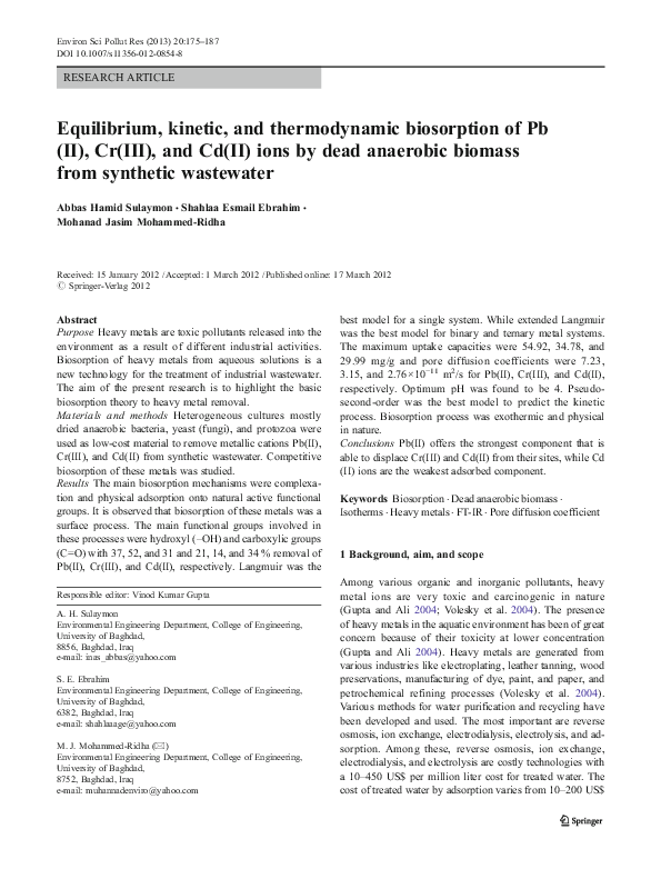 (PDF) Equilibrium, kinetic, and thermodynamic biosorption of Pb (II), Cr(III), and Cd(II) ions ...