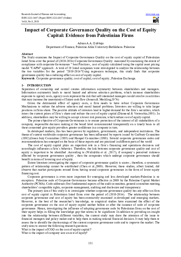(PDF) Impact of Corporate Governance Quality on the Cost of Equity Capital: Evidence from ...
