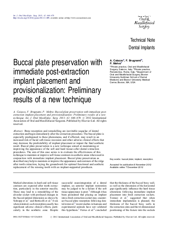 (PDF) Buccal plate preservation with immediate post-extraction implant placement and ...