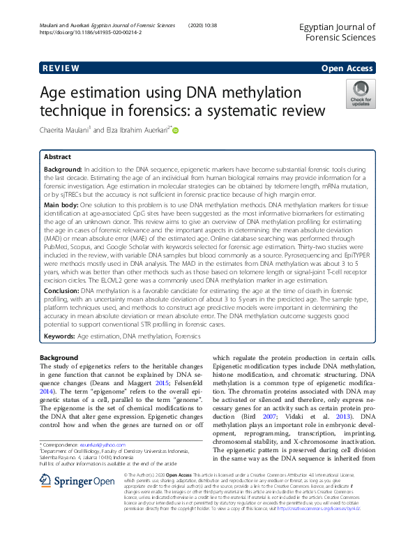 Pdf Age Estimation Using Dna Methylation Technique In Forensics A Systematic Review Elza
