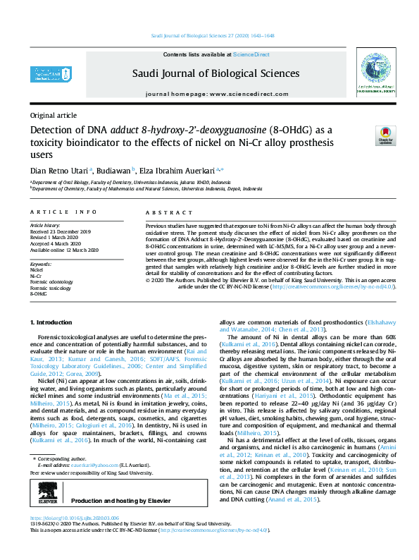 (PDF) Detection of DNA adduct 8-hydroxy-2'-deoxyguanosine (8-OHdG) as a ...