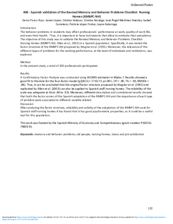 (PDF) 406 - Spanish validation of the Revised Memory and Behavior ...