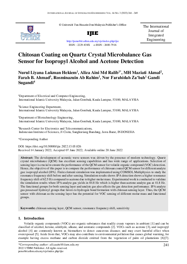 (PDF) Chitosan Coating on Quartz Crystal Microbalance Gas Sensor for Isopropyl Alcohol and ...