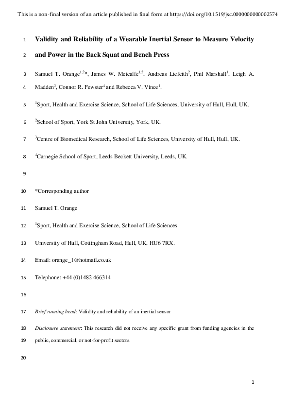 (PDF) Validity and Reliability of a Wearable Inertial Sensor to Measure Velocity and Power in ...