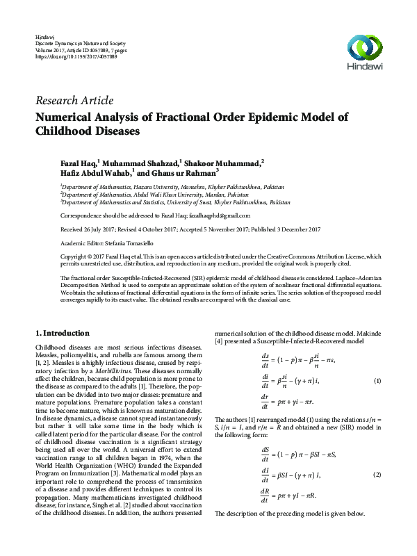 (PDF) Numerical Analysis of Fractional Order Epidemic Model of Childhood Diseases