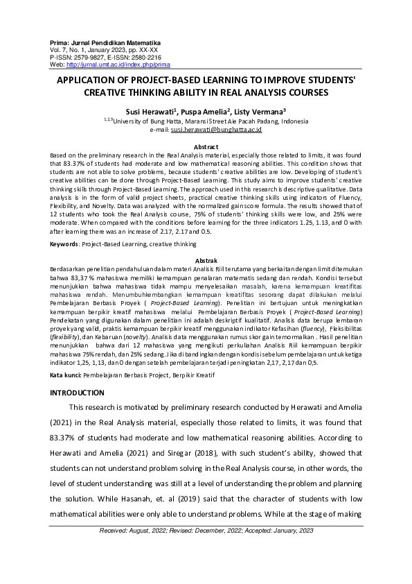 (PDF) Application of Project-Based Learning to Improve Students' Creative Thinking Ability in ...