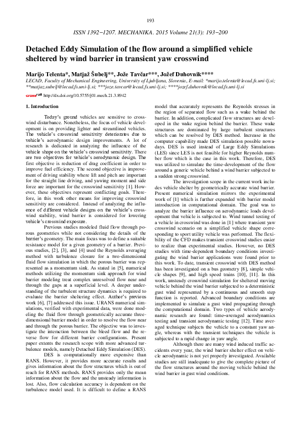(PDF) Detached Eddy Simulation of the flow around a simplified vehicle sheltered by wind barrier ...